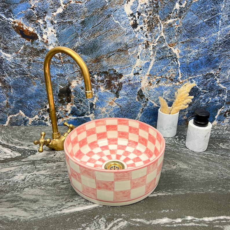 Checkered Ceramic Sink – Countertop Vessel Basin – Farmhouse Bathroom ...
