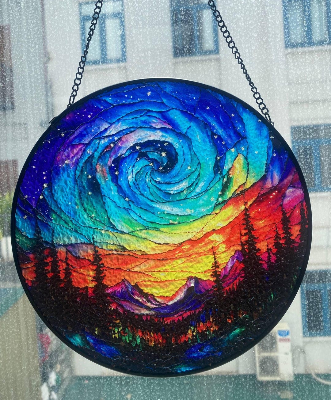 Galaxy Glass Suncatcher, Round Faux Stained Glass Cosmic Window Hanging ...