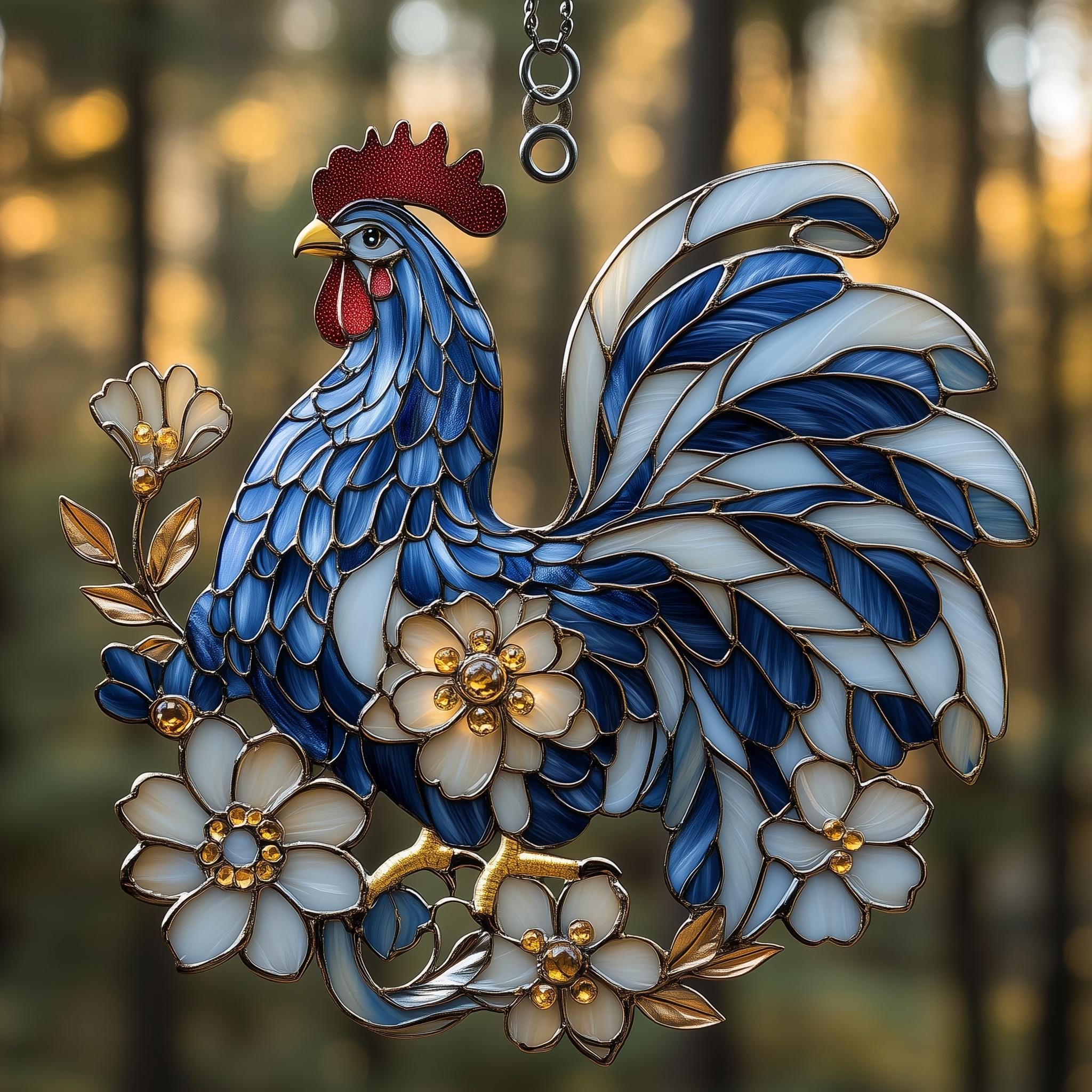 Blue Rooster Acrylic Suncatcher, Floral Farmhouse Window Hanging ...