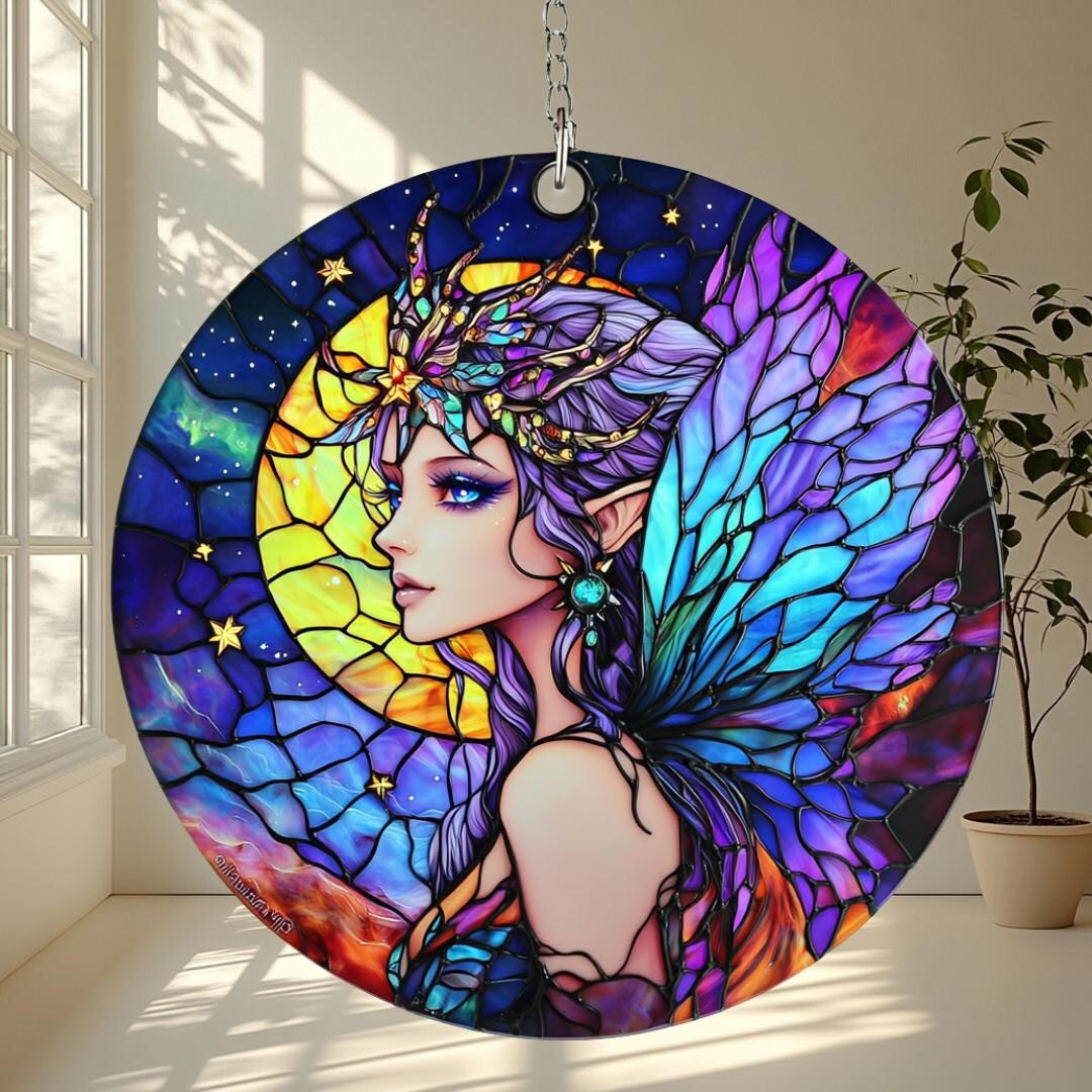Moonlight Fairy Glass Suncatcher, Faux Stained Glass Window Hanging ...