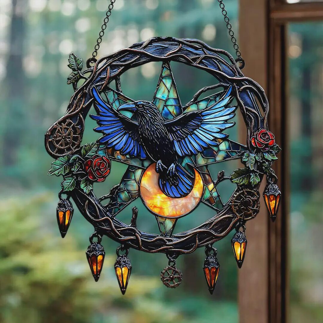 Celtic Crow & Moon Acrylic Window Hanging | Mystic Pentagram Faux ...