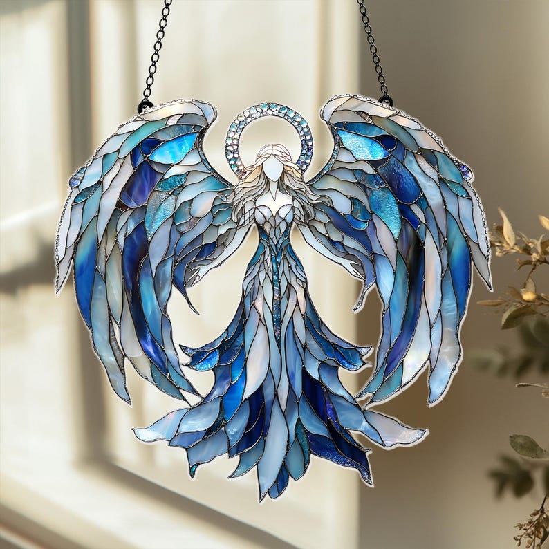 Handmade Angel Suncatcher, Blue Faux Stained Glass Window Hanging ...