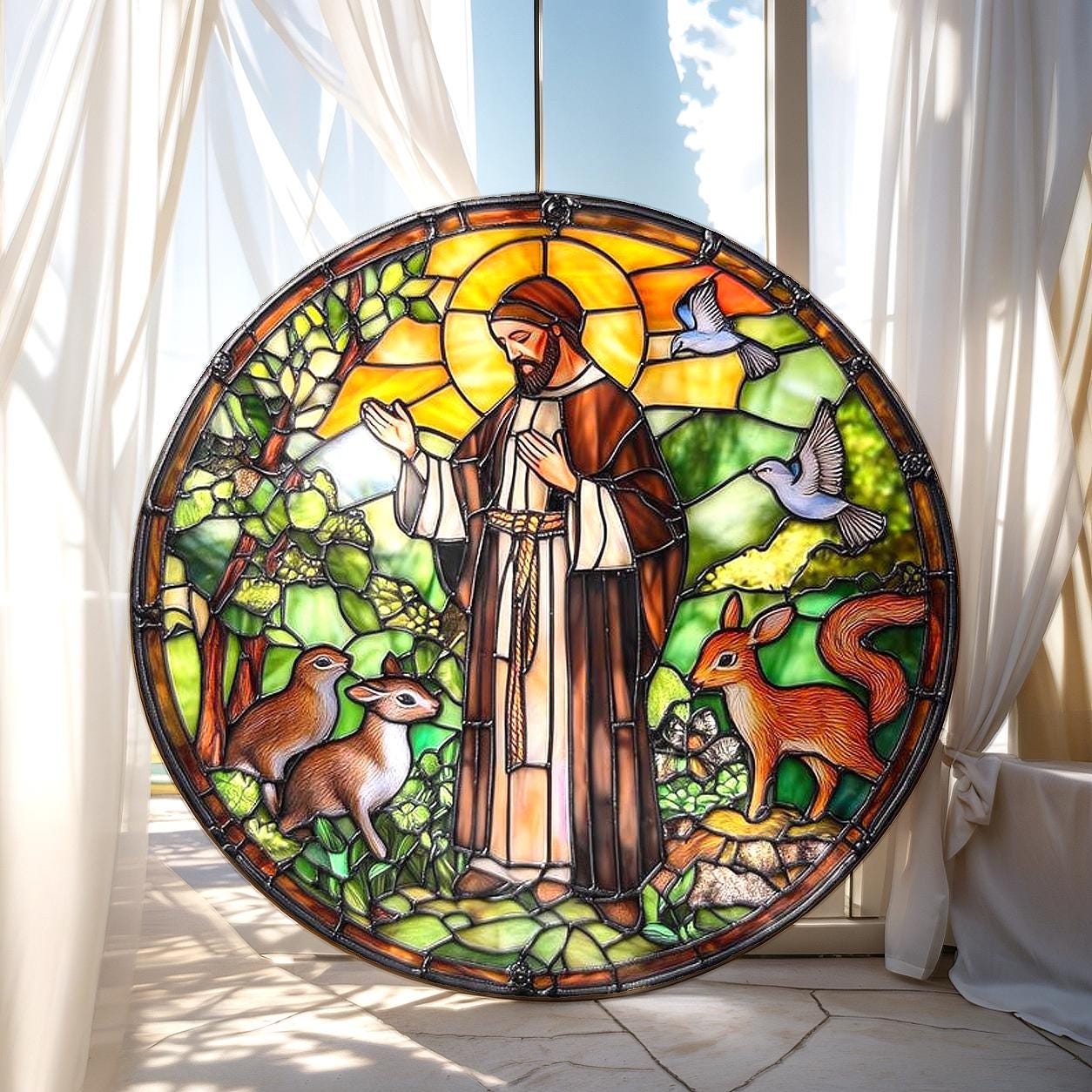 St Francis of Assisi Glass Suncatcher, Peaceful Animal Scene Religious ...