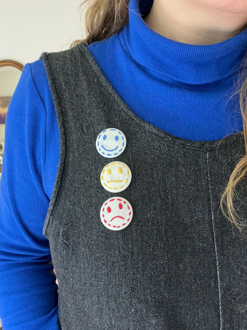 Happy Face, Straight Face, Sad Face Button Pin Set, Embroidery ...