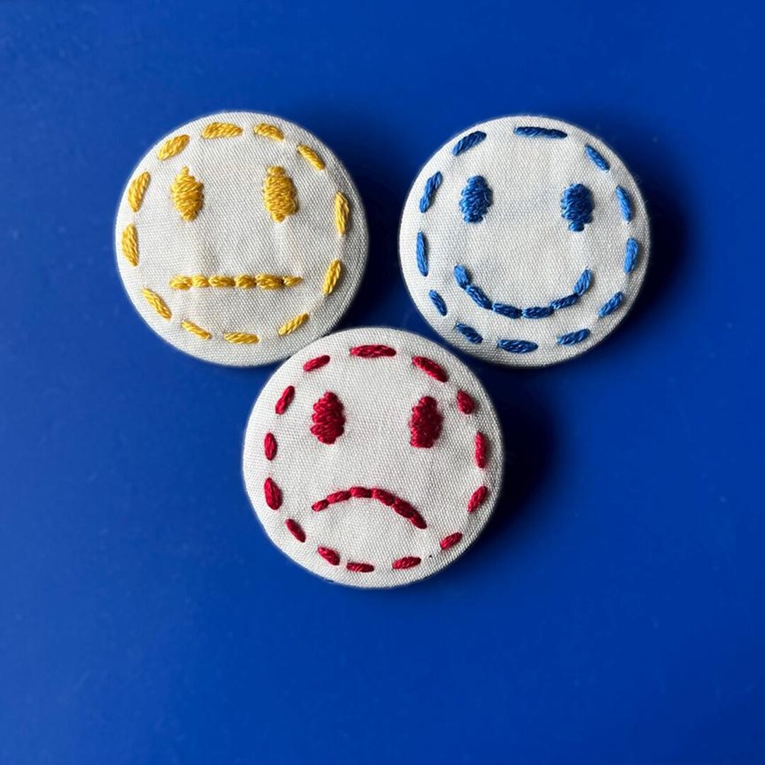 Happy Face, Straight Face, Sad Face Button Pin Set, Embroidery ...