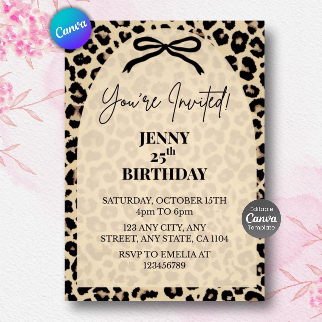 Cheetah Print Birthday Invitation, Coquette Bow Editable Template. - Etsy