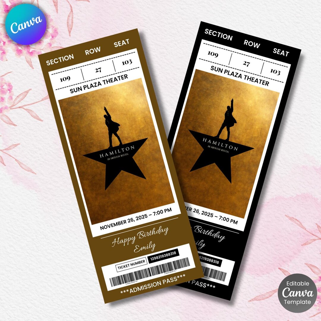 Editable Hamilton Musical Theatre Ticket Template, Personalized Gift ...