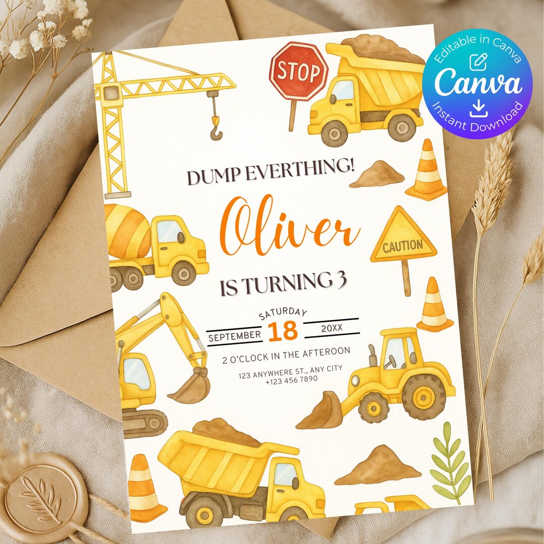 Construction Birthday Invitation – Dump Truck Party Invite for Boys ...