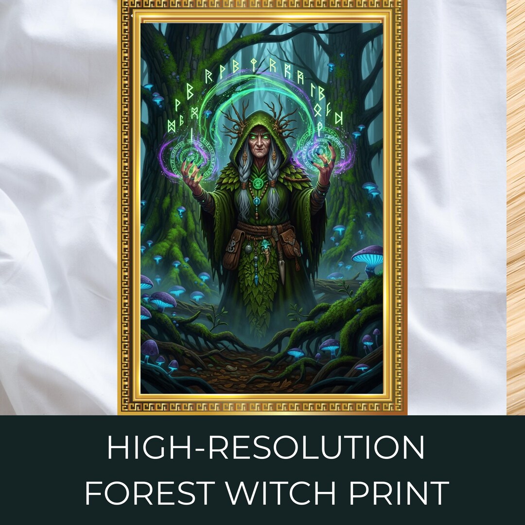 Forest Witch Digital Art Print, Dark Fantasy Runes, Mystical Forest ...