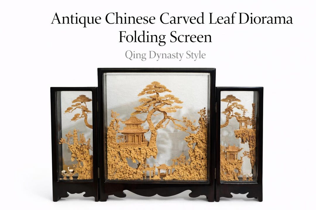Antique Chinese Carved Leaf Diorama Folding Screen, Qing Dynasty Style ...