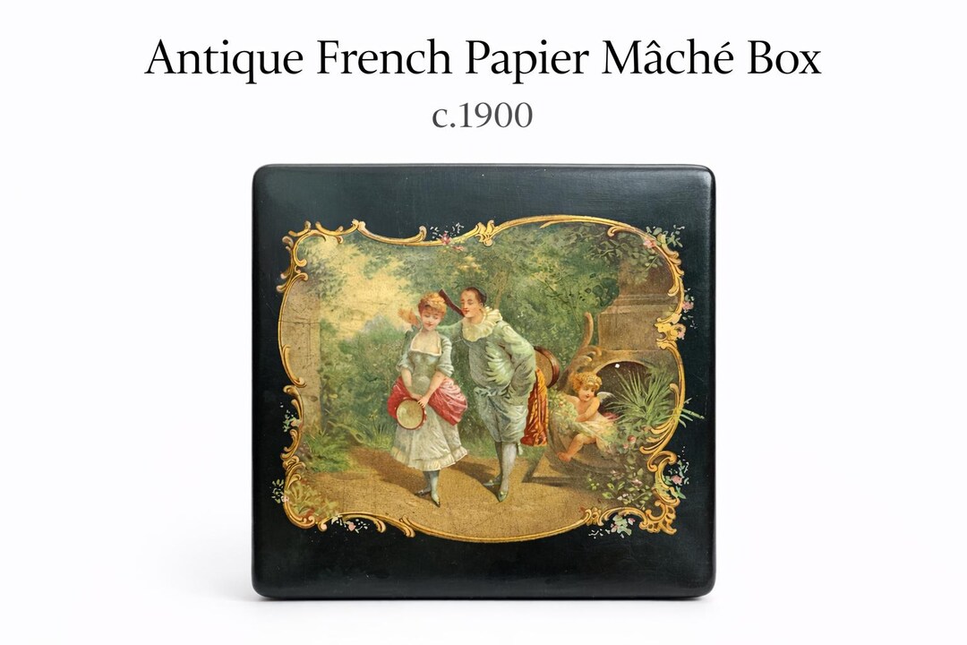 Antique French Papier Mâché Box, Hand Painted Fête Galante Scene ...
