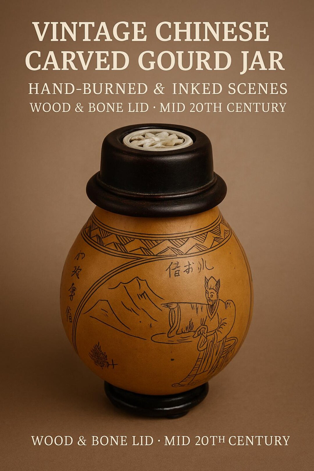 Vintage Chinese Carved Gourd Jar – Hand-burned & Inked Scenes – Wood ...
