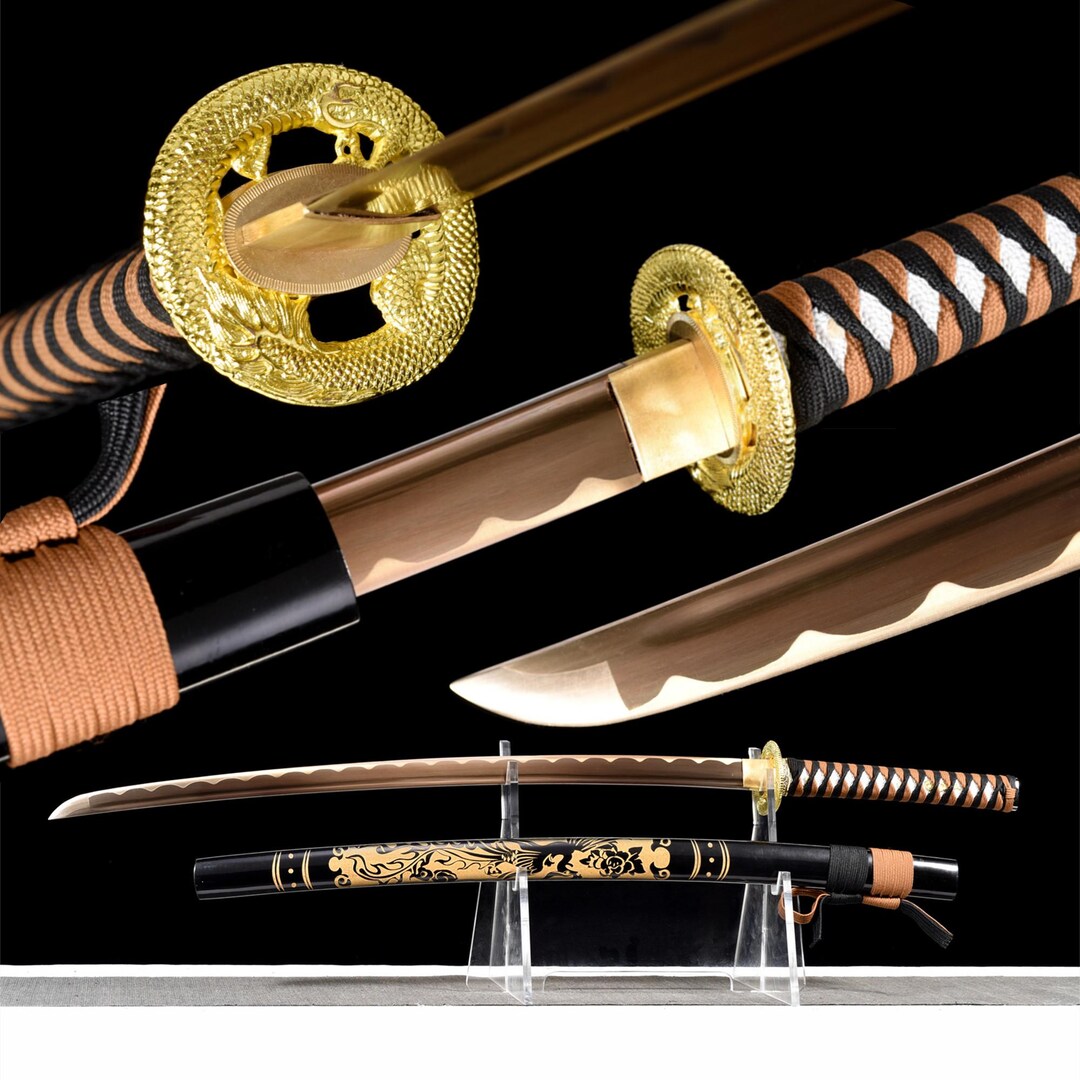 Handmade Japanese Katana Golden Blade With Dragon Tsuba & Phoenix ...