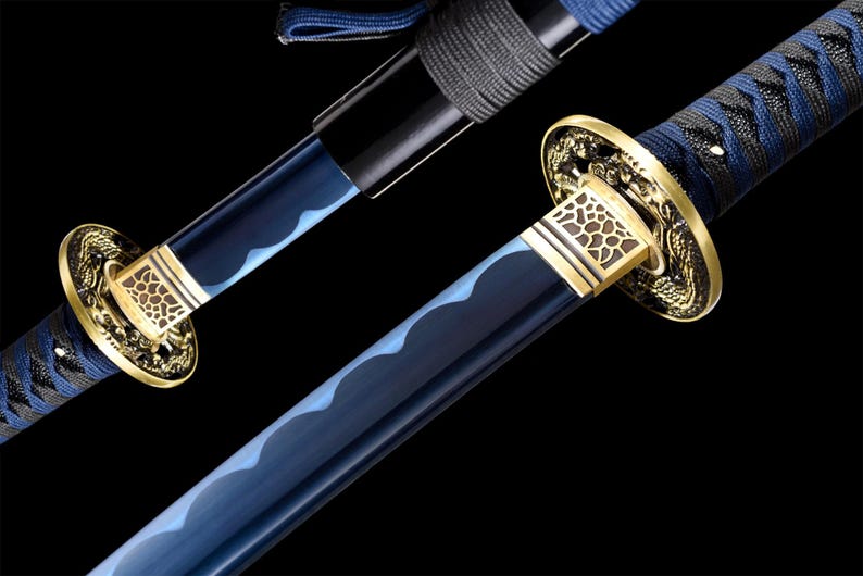 Hand-forged Japanese Katana Sword - Blue Dragon-engraved Tsuba & Sheath ...