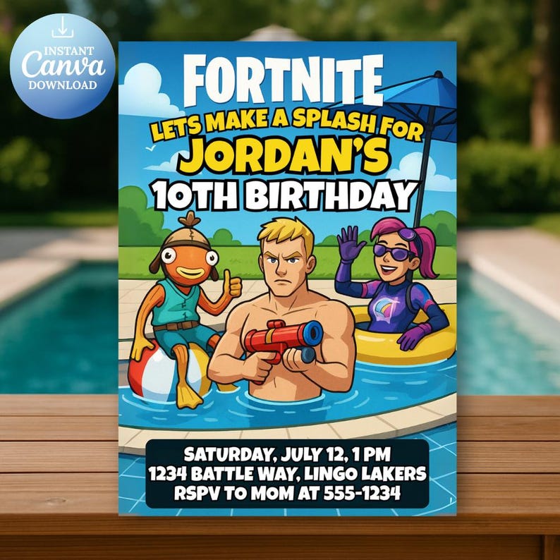 Editable Fort Pool Party Invitation \ Fortnight Pool Birthday Party ...