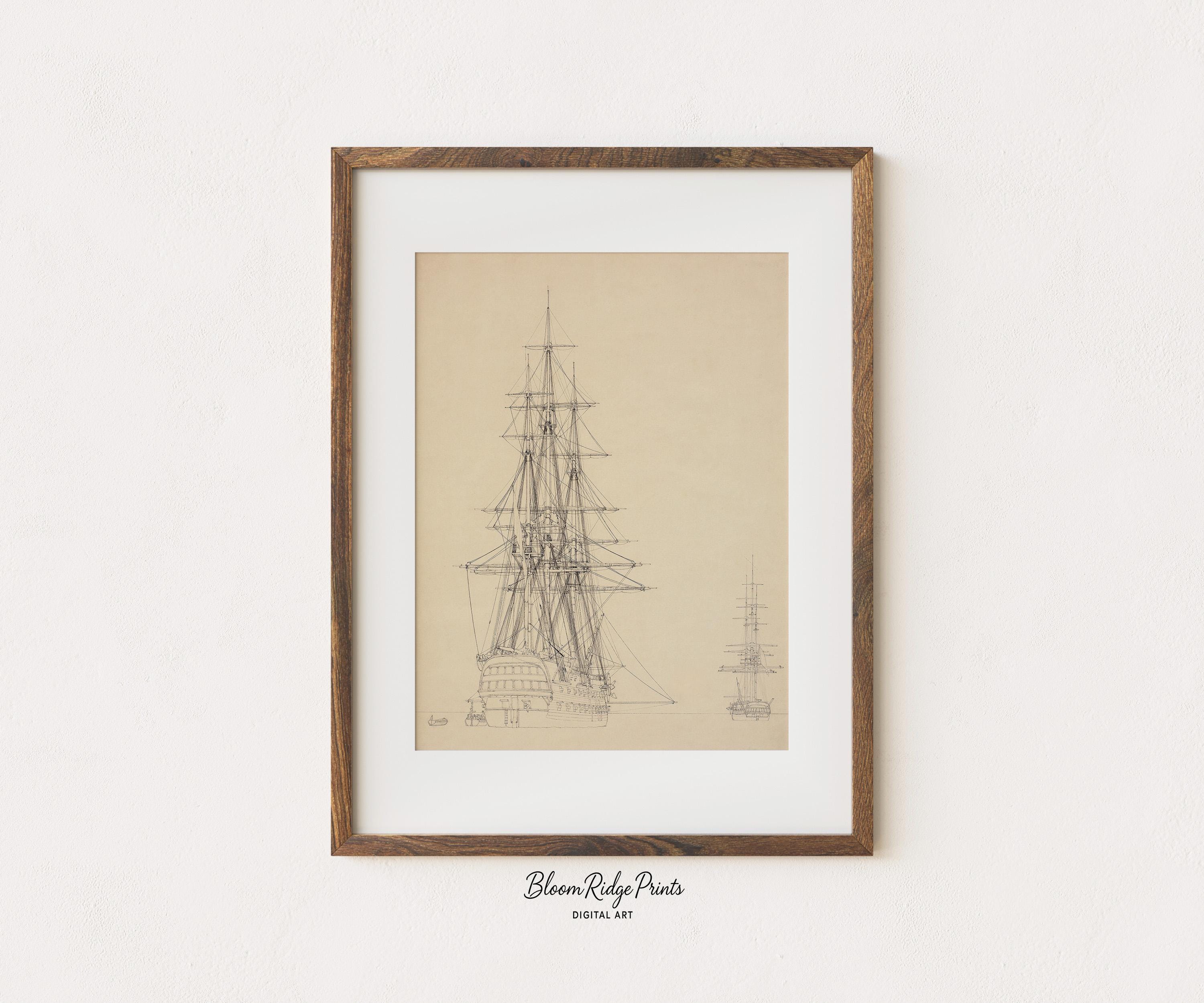 Vintage Ship Sketch Prints (set of 2) - Nautical Maritime Wall Art ...