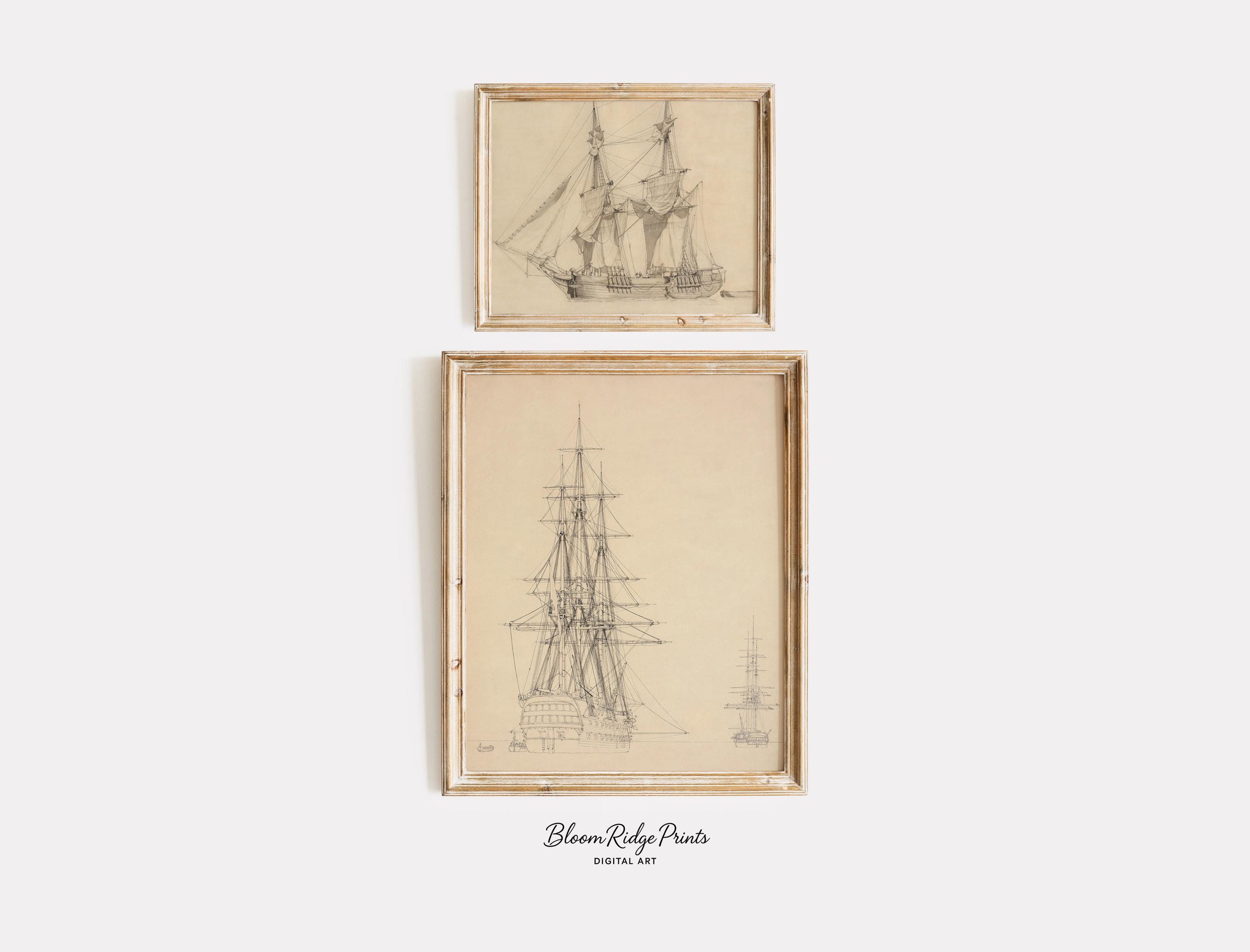 Vintage Ship Sketch Prints (set of 2) - Nautical Maritime Wall Art ...