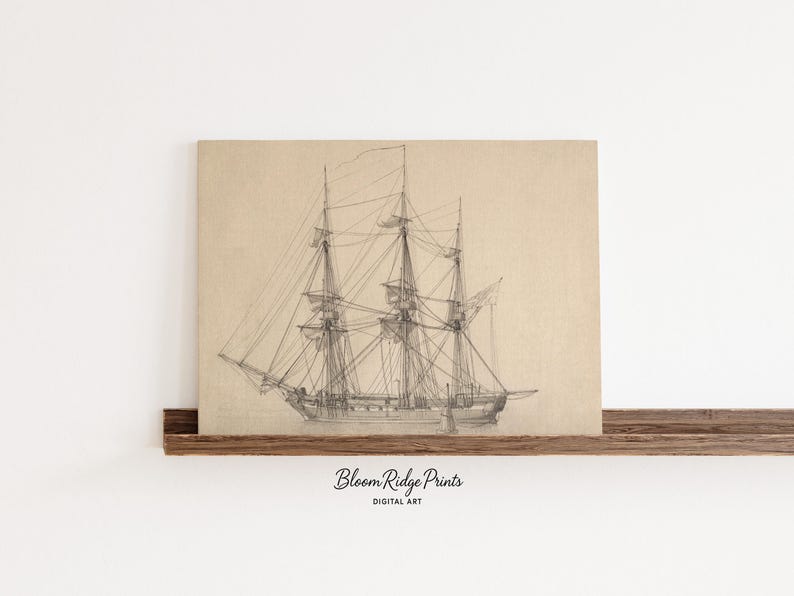 Vintage Sailing Ship Drawing: Nautical Coastal Art Print (digital ...