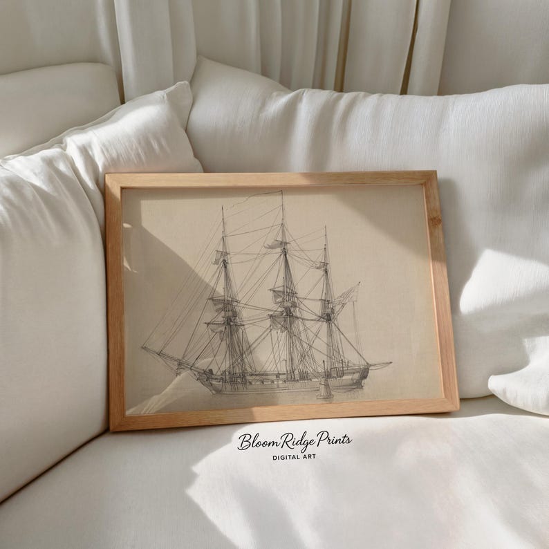 Vintage Sailing Ship Drawing: Nautical Coastal Art Print (digital ...