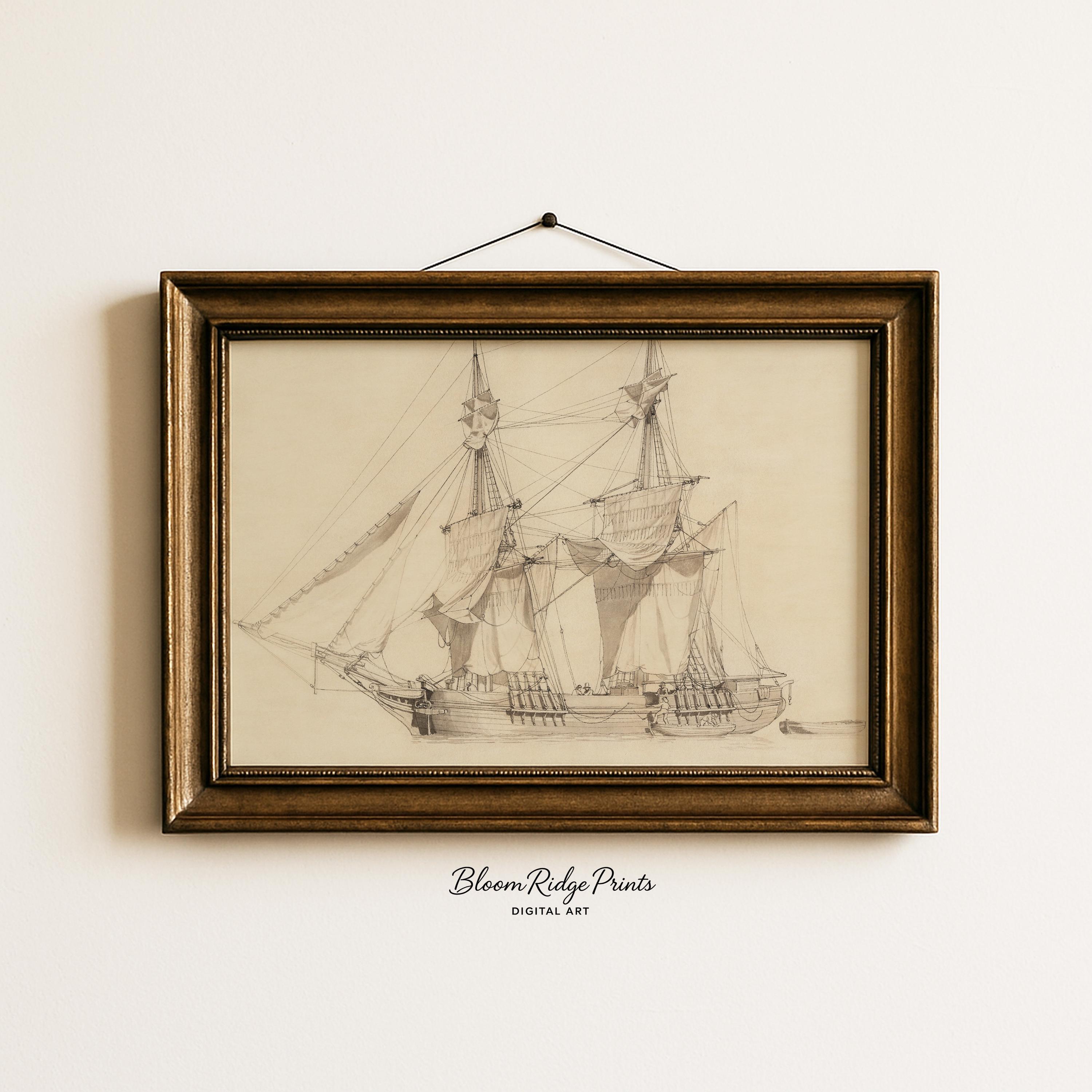 Vintage Ship Sketch Prints (set of 2) - Nautical Maritime Wall Art ...