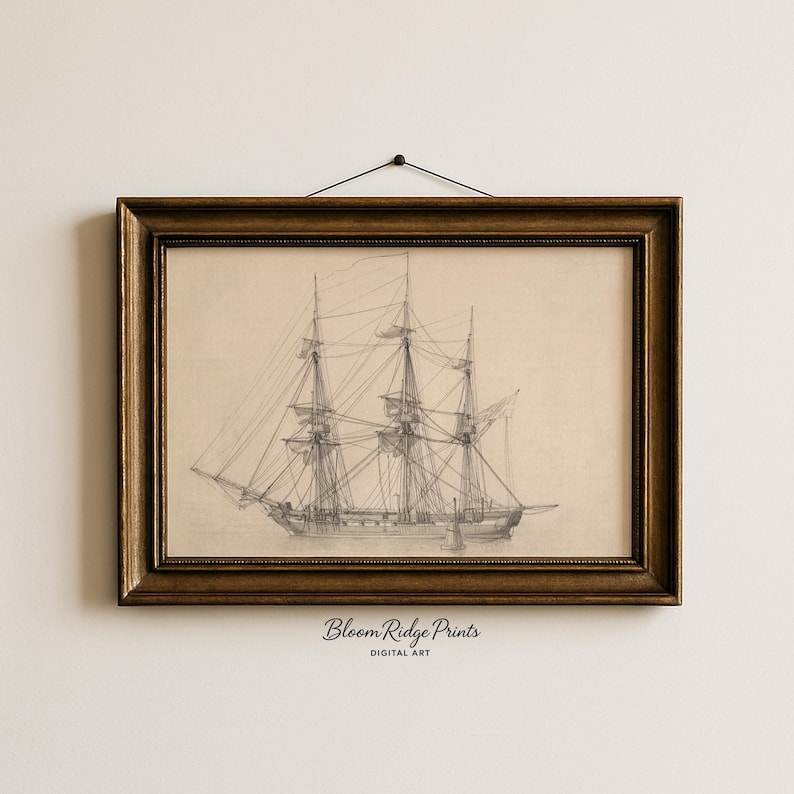Vintage Sailing Ship Drawing: Nautical Coastal Art Print (digital ...