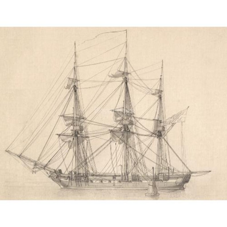 Vintage Sailing Ship Drawing: Nautical Coastal Art Print (digital ...