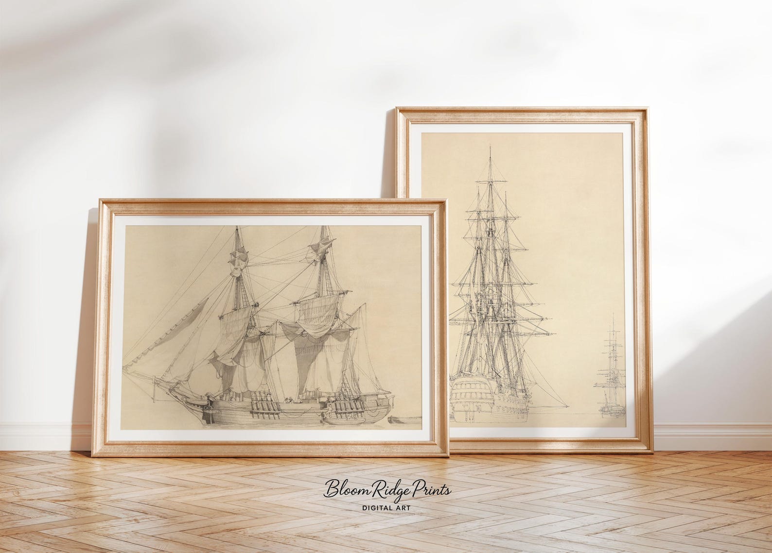 Vintage Ship Sketch Prints (set of 2) - Nautical Maritime Wall Art ...