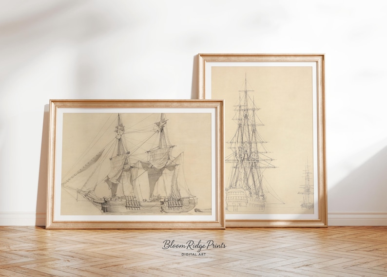 Vintage Ship Sketch Prints (set of 2) - Nautical Maritime Wall Art ...