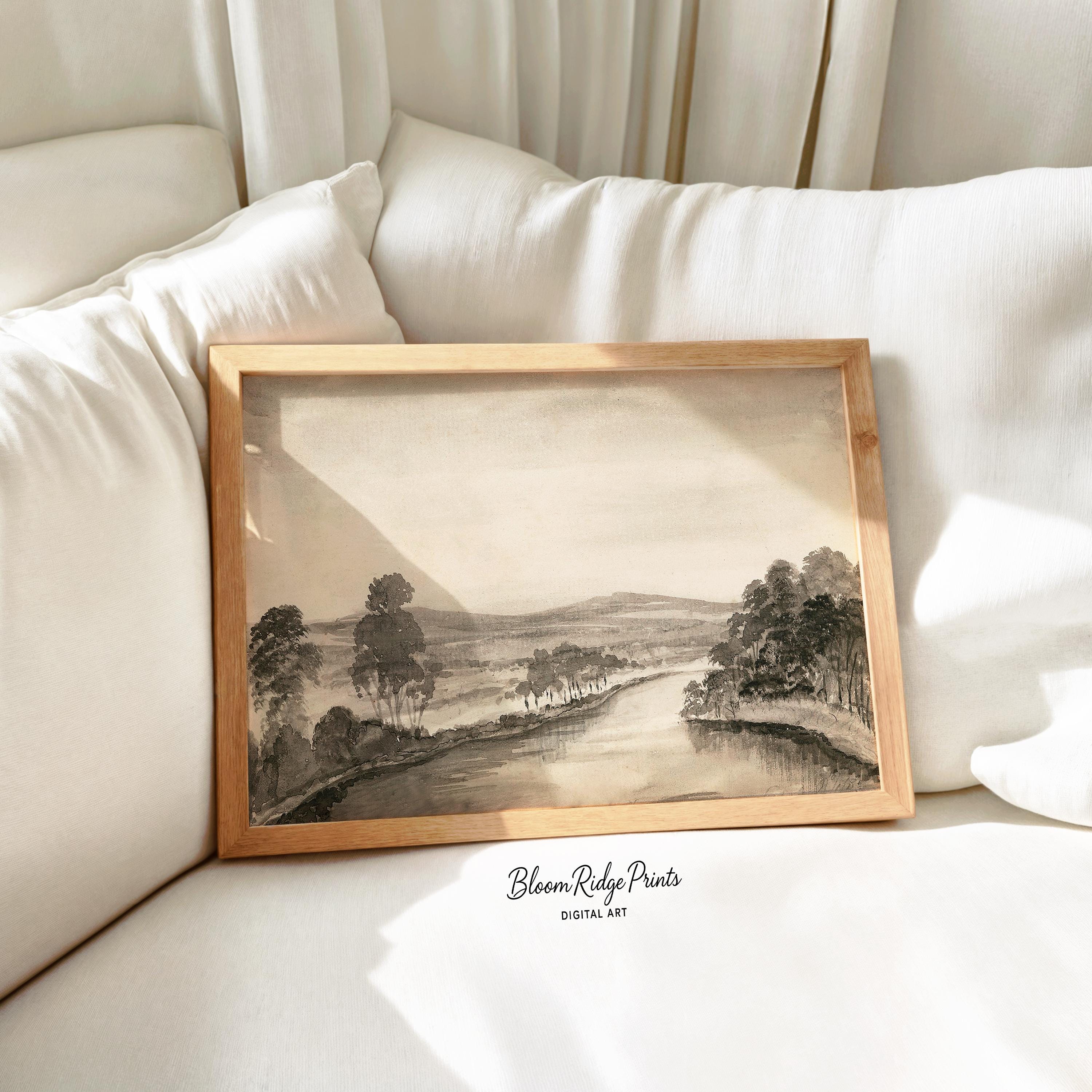 Impresión de paisaje vintage con tinta lavada / Obra de arte de un río ...