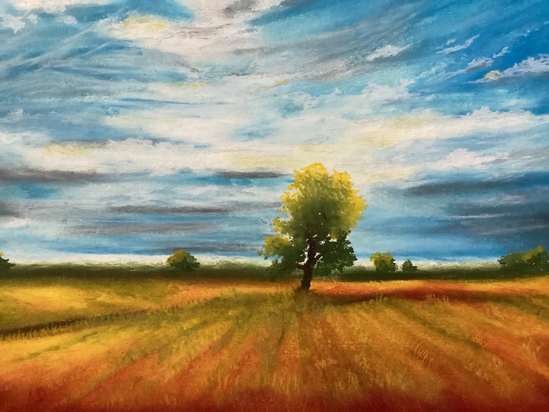 Realistic Oil Pastel Landscape Painting of a Tree Under a Sky, Handmade ...