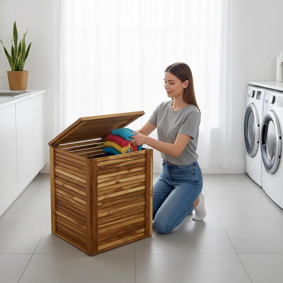 Handmade Teak Wooden Laundry Bin With Lid: Eco-friendly Storage - Etsy