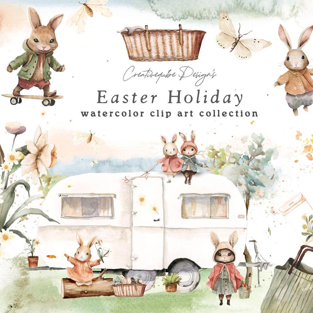 Watercolor Clip Art, Easter Bunny Holiday With Daffodils, Caravan ...