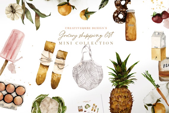Mini Grocery Shopping List Watercolor Clipart Collection Clip - Etsy