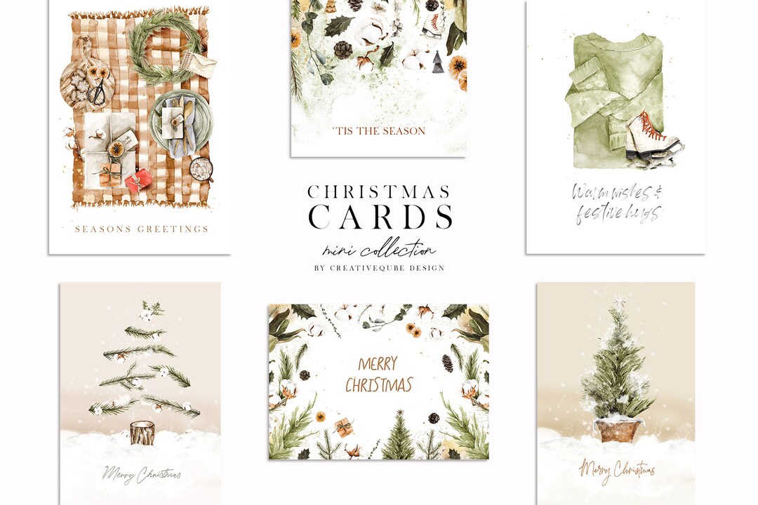 Boho Christmas Cards: Watercolor Holiday Card Set (printable) - Etsy
