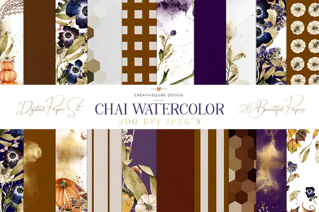 Floral Fall Watercolor Digital Paper: Chai Autumn Backgrounds (20 Pack ...