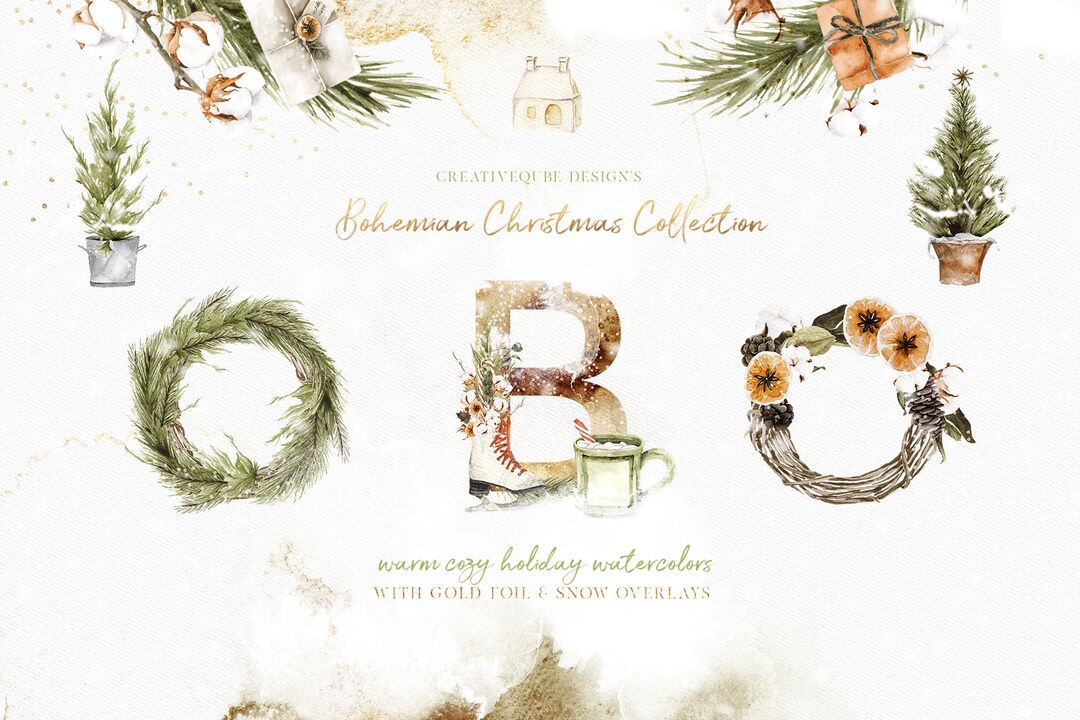 Bohemian Christmas Watercolor Clipart Collection, Clip Art, Hand ...