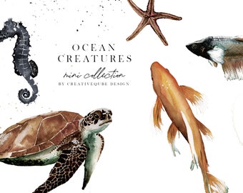 Ocean Creatures Watercolor Clipart, Fish, Turtle, Starfish (commercial ...