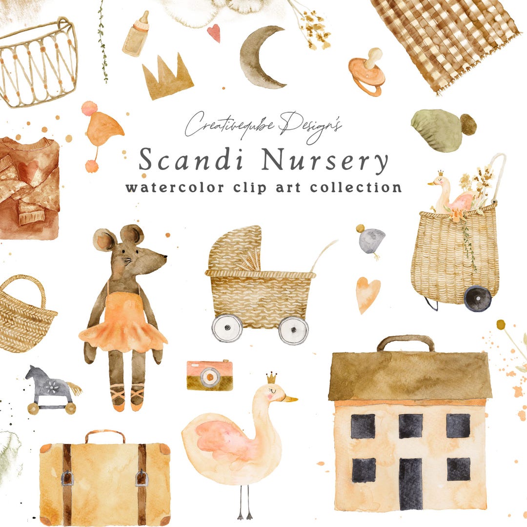 Watercolor Clip Art - Montessori Playroom Rattan, Toy Mouse, Suitcase ...