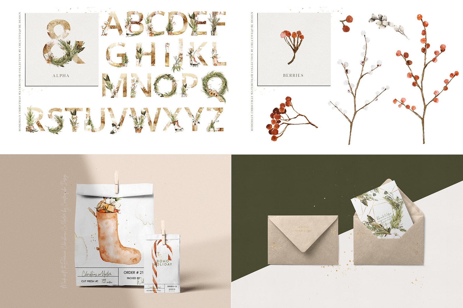 Bohemian Christmas Watercolor Clipart Collection Clip Art - Etsy