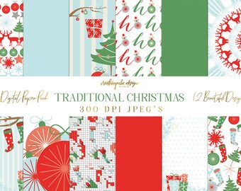 Red and Green Christmas Digital Paper with Poinsettias and
