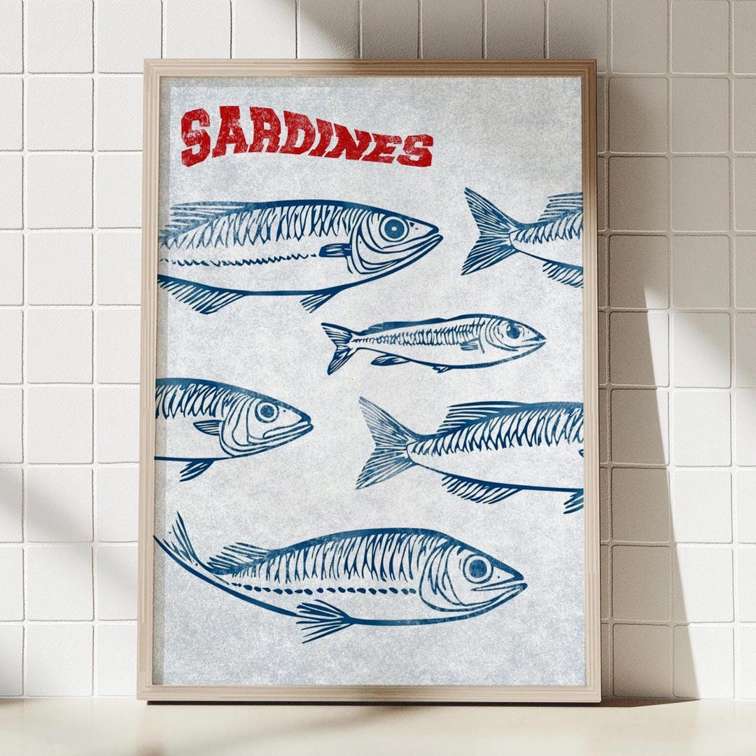 Vintage Sardines Print Seafood Wall Art Coastal Kitchen Decor Nautical ...