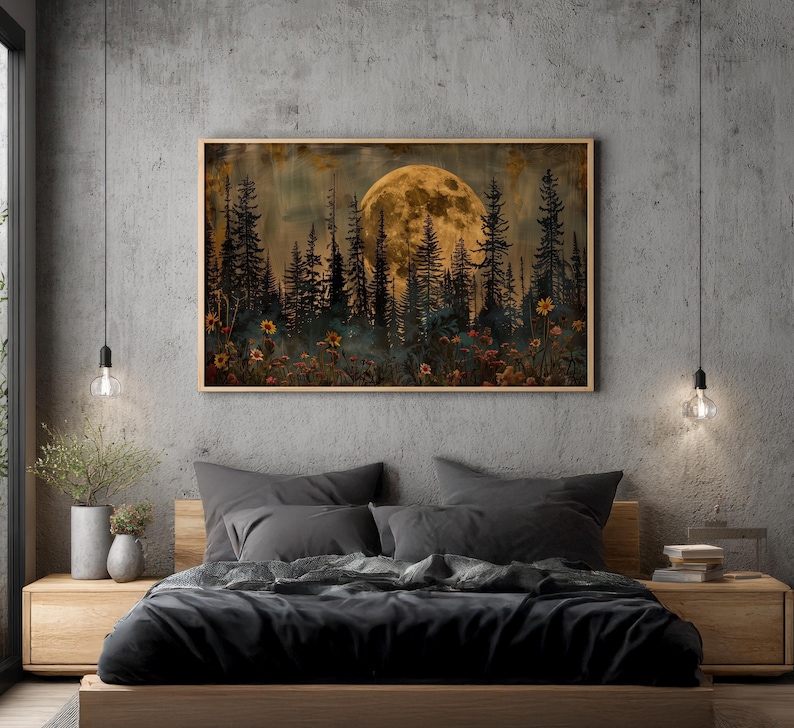 Dark Forest Landscape Full Moon Art Mystical Poster Nature Gothic Boho ...