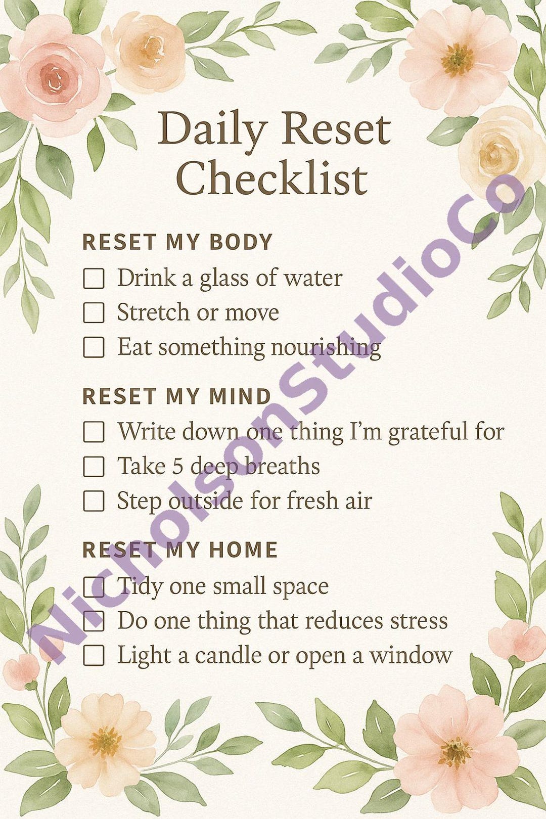 Daily Reset Checklist for Women | A4 Floral Printable PDF | Gentle Self ...