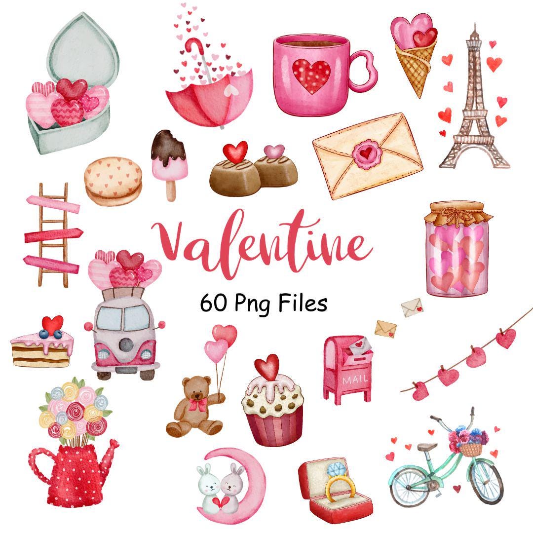 Watercolor Valentine Clipart – 60 PNG Romantic Illustrations (digital ...