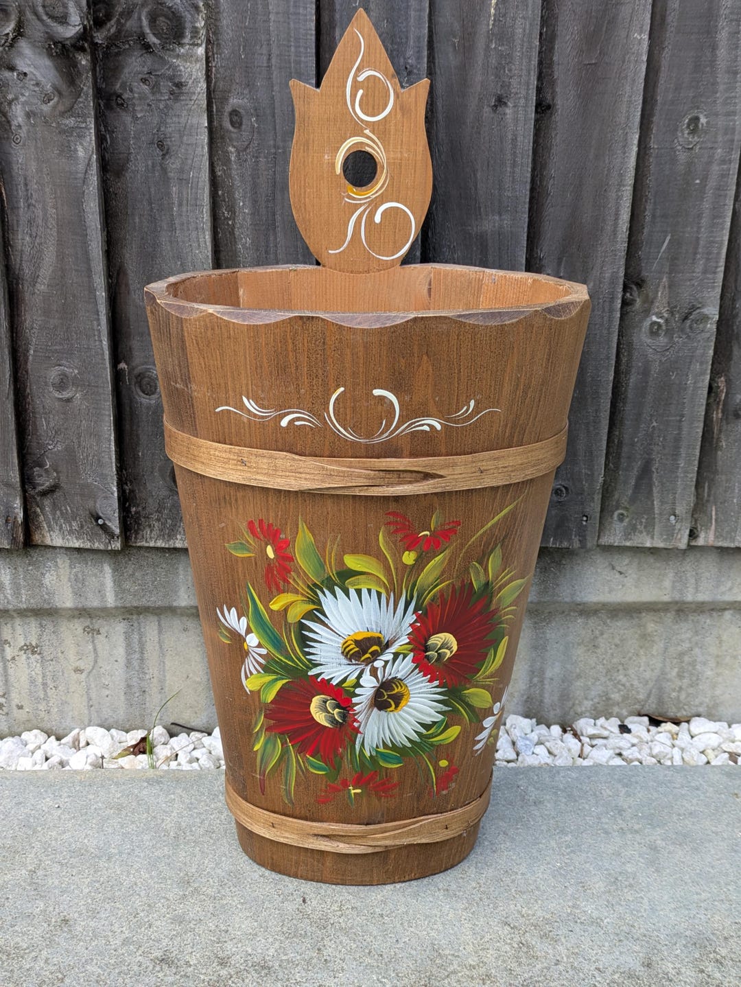 Vintage Hand Painted Bavarian Alpine Folk Art Floral Wooden Umbrella or ...