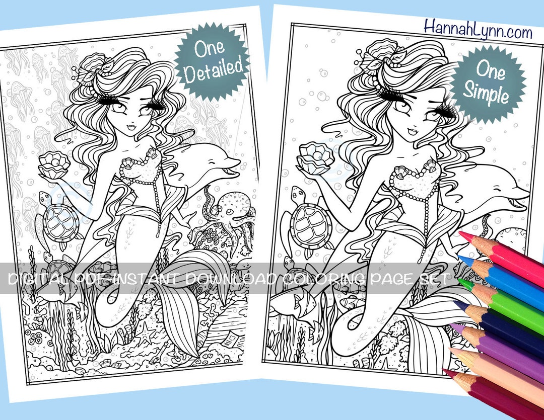 Jewel of the Sea Mermaid Coloring Page Set Dolphin Octopus Sea Turtle ...