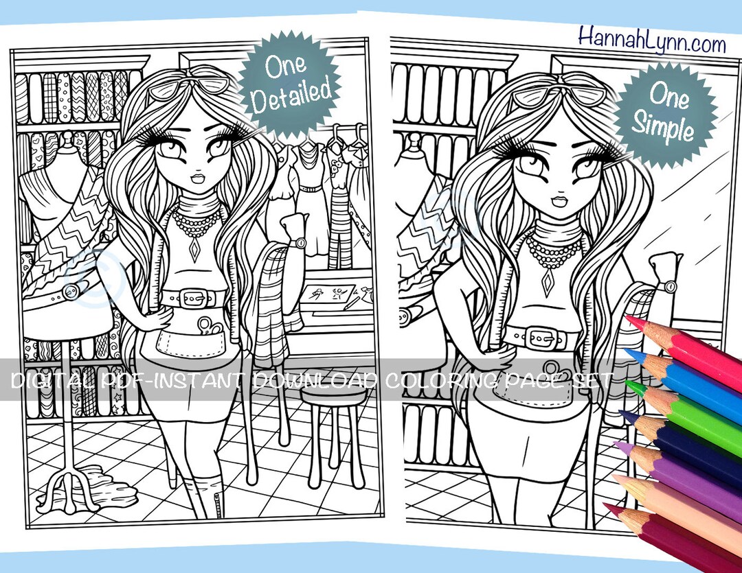 Fashion Week Coloring Page Set Cute Seamstress Designer Whimsy Girls at ...