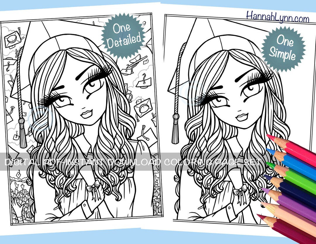 Graduation Day Coloring Page Set Graduate Adorable Celebration Whimsy ...