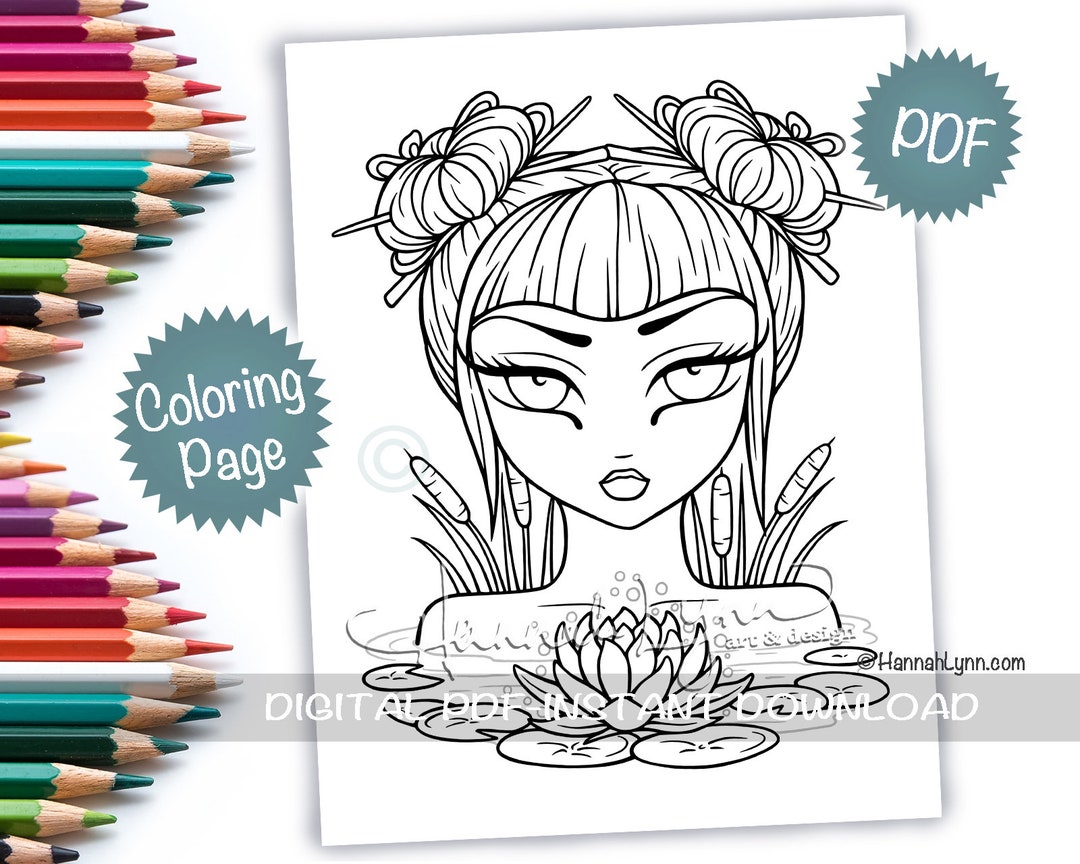 Lotus Flower Mermaid Asian Pond Water Nymph Coloring Page PDF Download ...