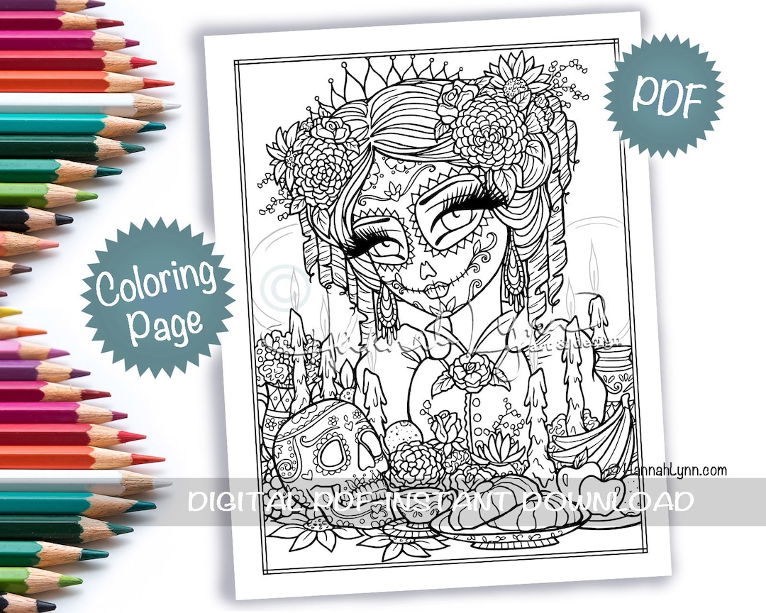 Sugar Skull Girl Day of the Dead Ofrenda Coloring Page PDF Download ...